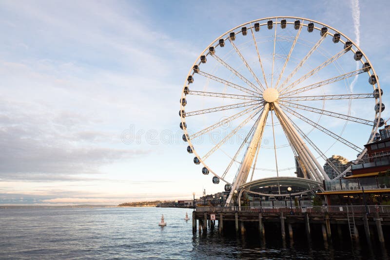 Sunset View of Ferris Wheel in Seattle Stock Photo - Image of evening ...