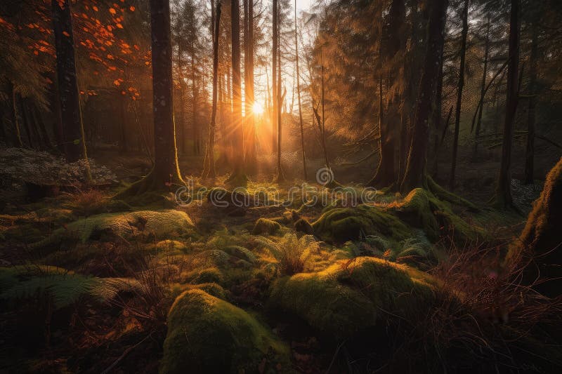 Sunset, with View of the Forest and Its Mossy Trees Bathed in Golden ...