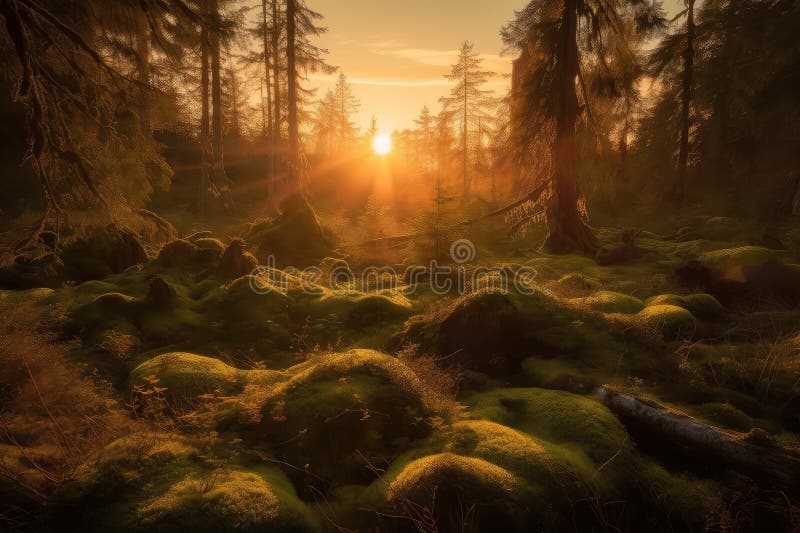 Sunset, with View of the Forest and Its Mossy Trees Bathed in Golden ...