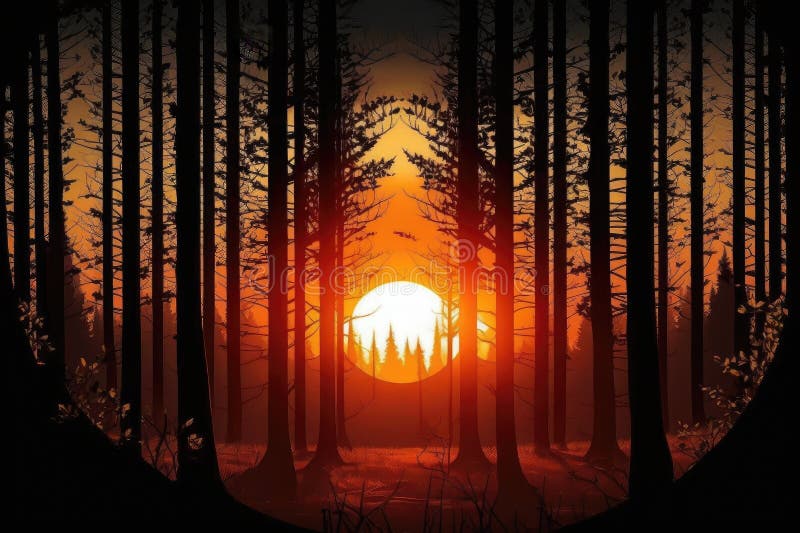Sunset View of Forest, with the Sun Setting Behind the Trees Stock ...
