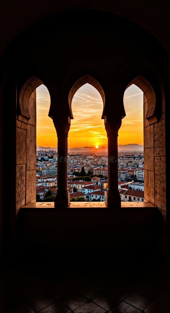 Sunset View through Gothic Arch Window Over Cityscape Stock ...