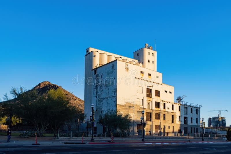 Sunset View of the Hayden Flour Mill and a Mountain Stock Photo - Image ...