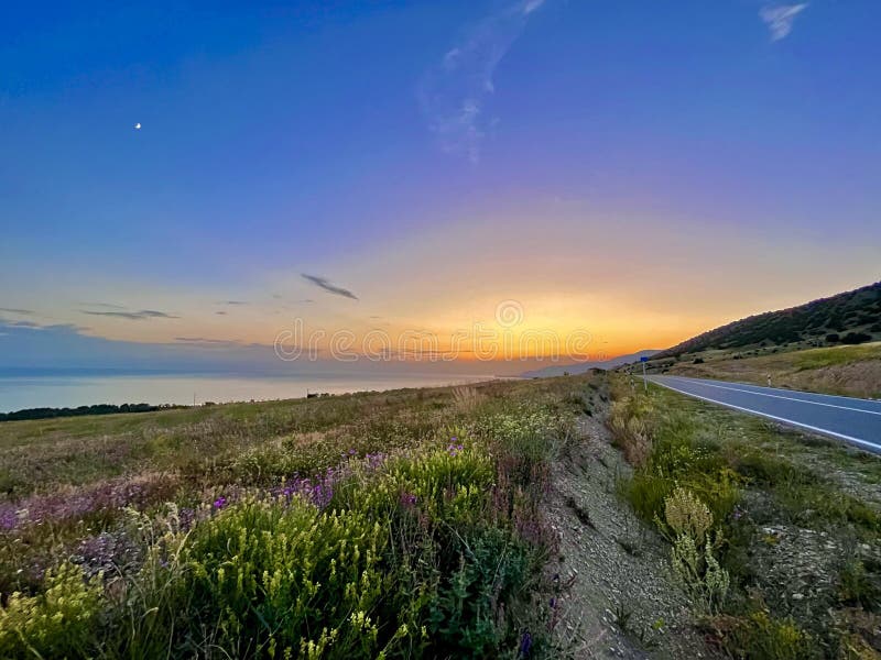 Sunset View from Hilltop Overlooking Road Stock Image - Image of ...