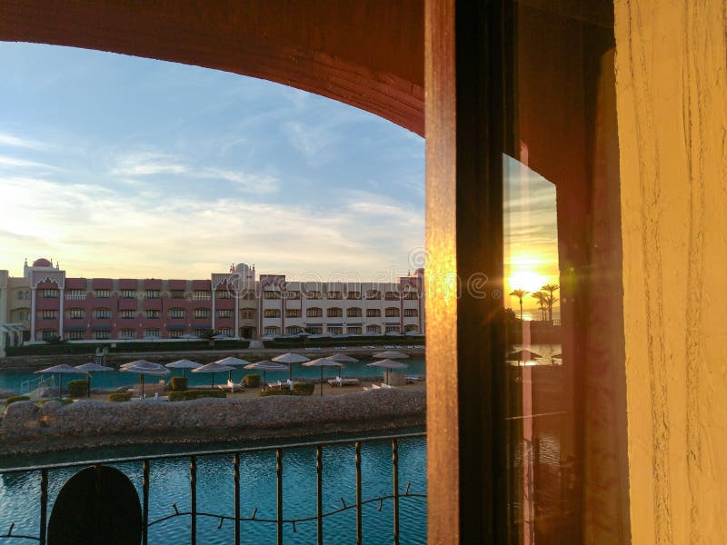 Sunset View from the Hotels Balcony Window Reflection Stock Image ...