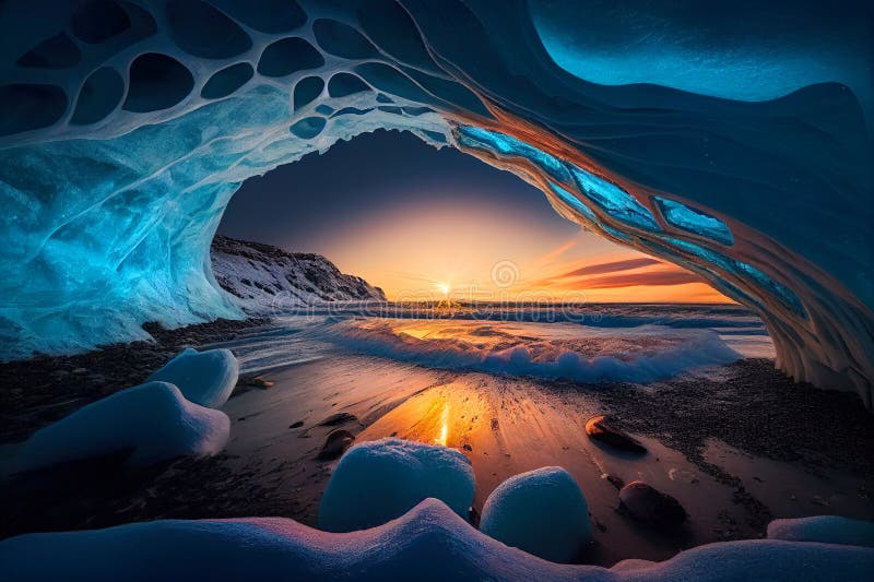 Sunset View from Inside a Blue Ice Cave. Ai Generative Stock ...