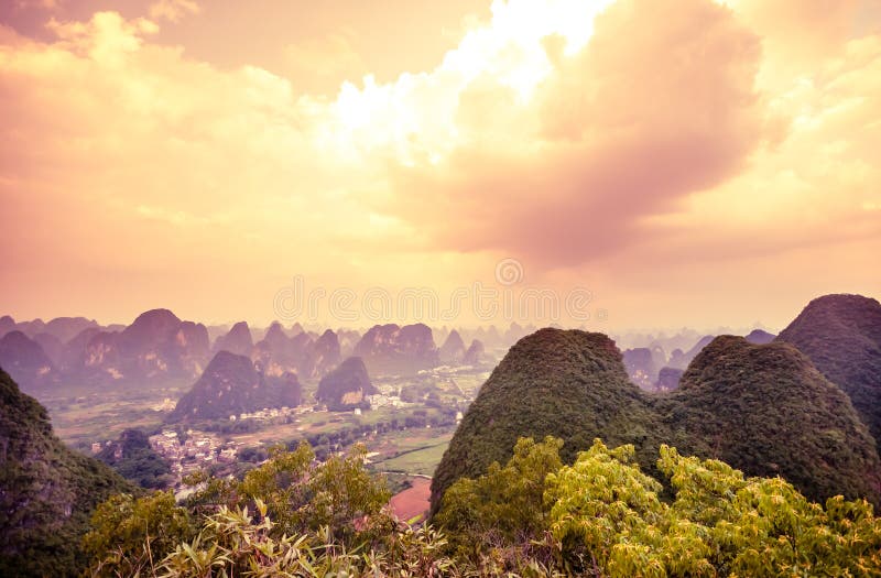 Sunset View on Karst Landscape from Moon Hill in Yangshuo Stock Photo ...