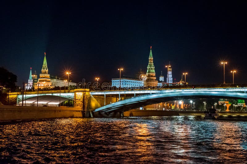 Moscow River Kremlin Night, Moscow Russia Stock Image - Image of ...