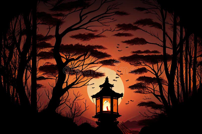 Sunset View of Lantern Surrounded by Silhouettes of Trees Stock ...