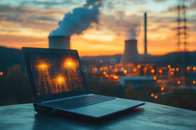 Sunset View of a Laptop Displaying Data in Front of a Power Plant with ...