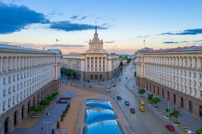 Sunset View of Largo Square in Sofia with National Assembly Building ...
