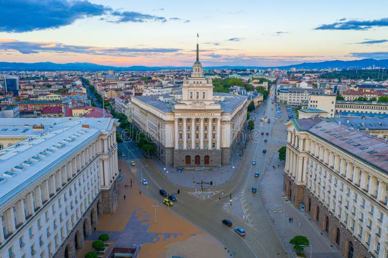Sunset View of Largo Square in Sofia with National Assembly Building ...