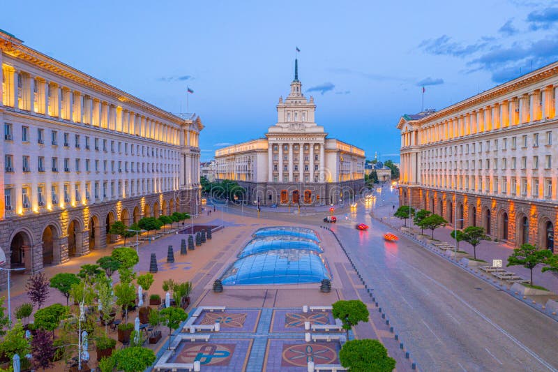 Sunset View of Largo Square in Sofia with National Assembly Building ...