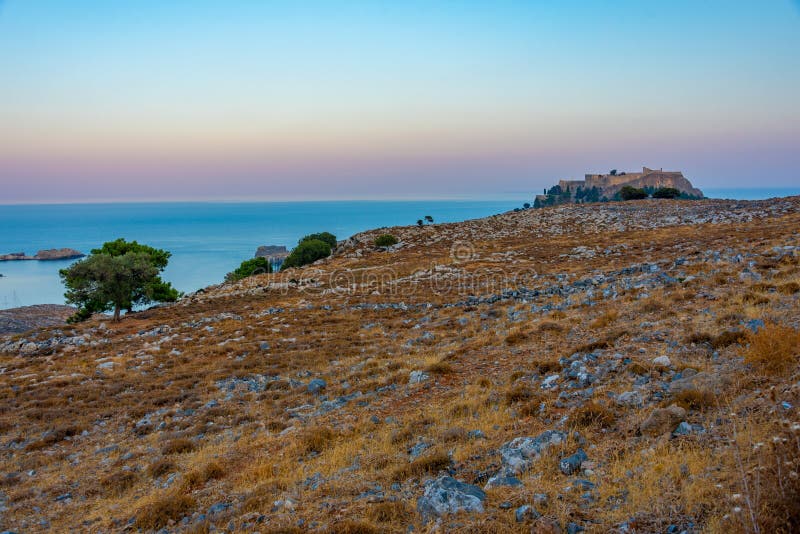 Sunset View of Lindos Acropolis at Greek Island Rhodes Stock Photo ...