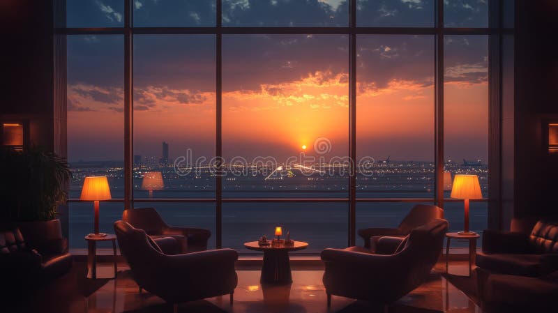 Sunset View from a Lounge with Two Armchairs and a Table Stock ...