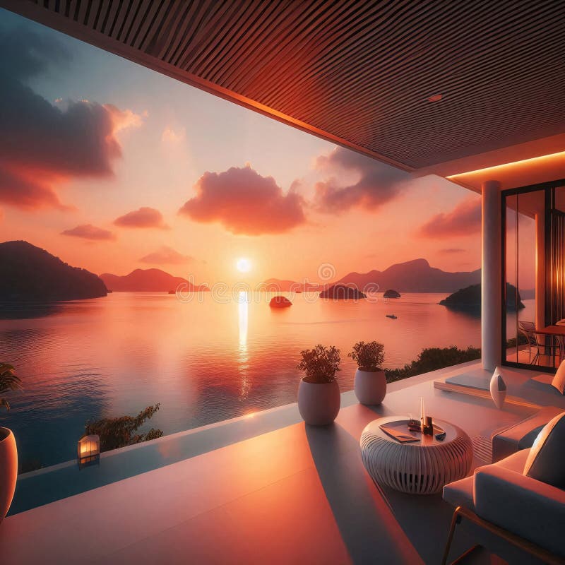 Sunset View from a Luxurious Balcony with Infinity Pool Stock ...
