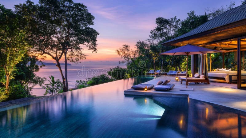 Sunset View from a Luxurious Villa with Infinity Pool Stock ...