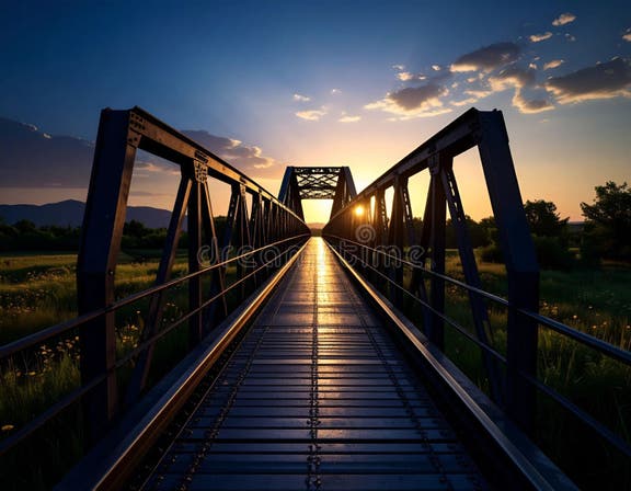 Sunset View of a Metal Bridge with Sun Rays Shining through. Stock ...