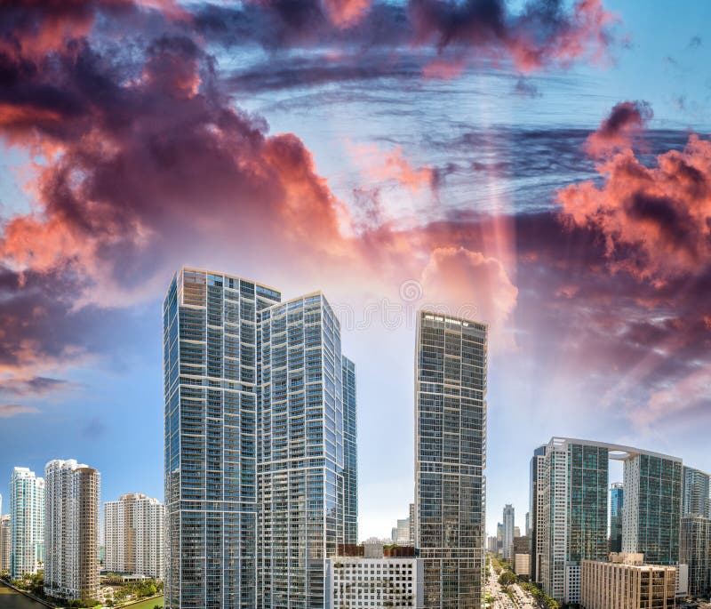 Sunset View of Miami and Brickell Key Buildings, Florida Stock Image ...