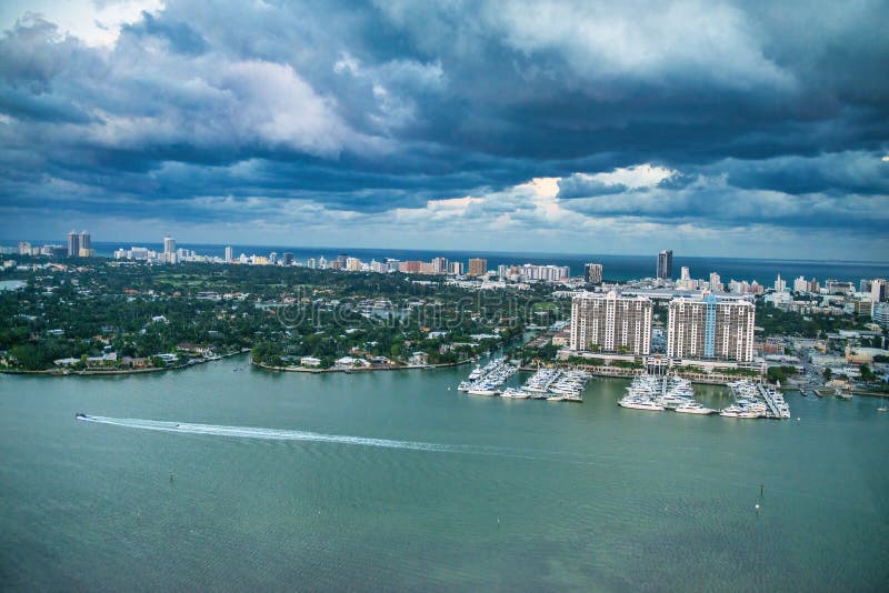 Sunset View of Miami Skyline from Helicopter Stock Image - Image of ...