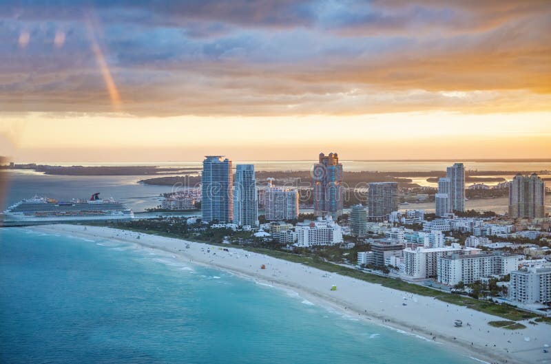 Sunset View of Miami Skyline from Helicopter Editorial Photography ...