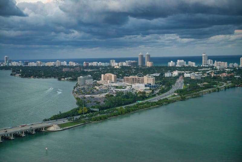 Sunset View of Miami Skyline from Helicopter Stock Photo - Image of ...