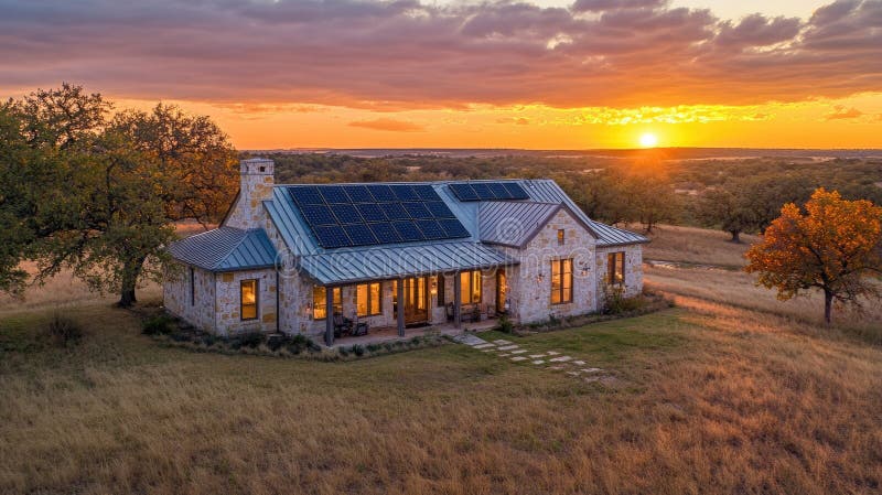 Sunset View of a Modern Farmhouse with Solar Panels Stock Illustration ...