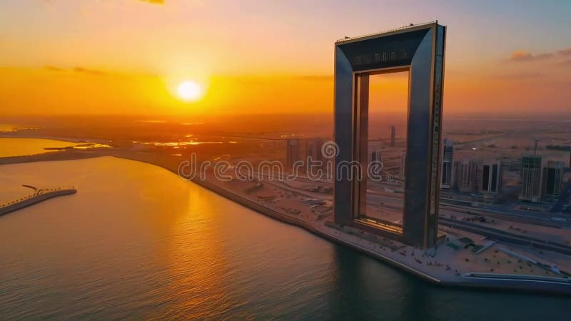 Sunset View of a Modern Frame-shaped Building by the Sea Stock Video ...