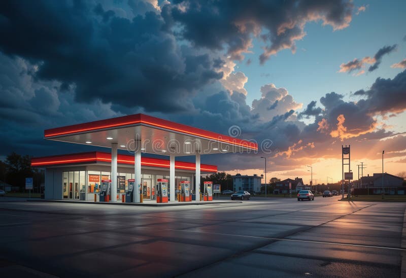 Sunset View of a Modern Gas Station with Dramatic Clouds Stock ...