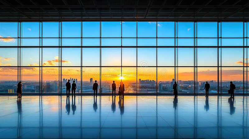 Sunset View from a Modern Glass-walled Office Building. Silhouette of ...