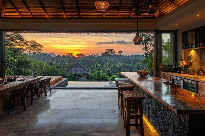 Sunset View from a Modern Kitchen Overlooking Lush Landscape Bali ...
