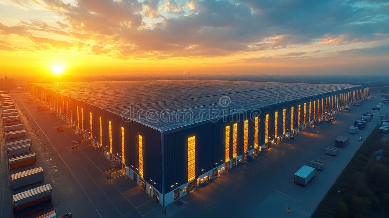 Sunset View of a Modern Logistics Warehouse with Active Distribution ...