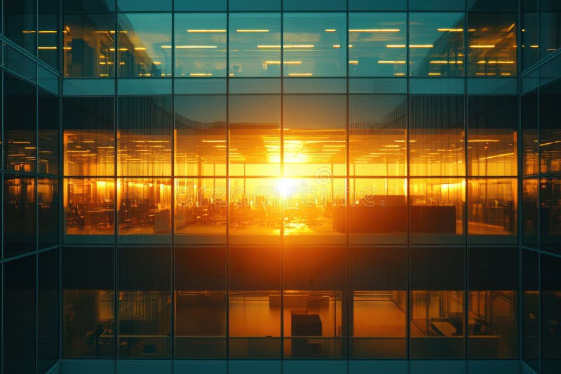 Sunset View through Modern Office Building Windows Illuminating ...