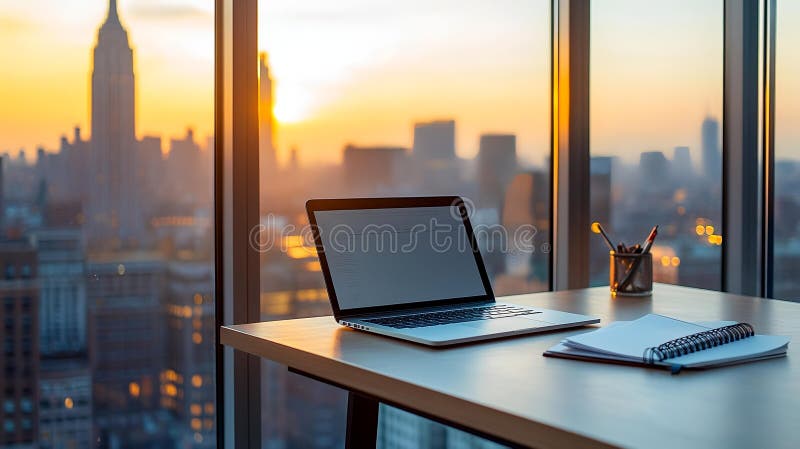 Sunset View from a Modern Office Workspace Featuring a Laptop and ...