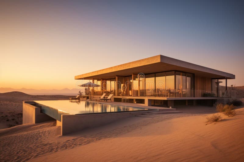 Sunset View of a Modern Villa in a Desert Hazy Dusk Stock Illustration ...