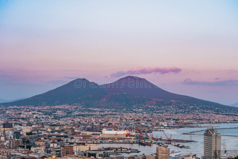 Sunset View of Mont Vesuvius Volcano with Naples City in the Foreground ...