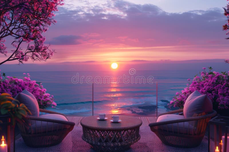 Sunset View from Oceanfront Deck with Chairs. Stock Photo - Image of ...