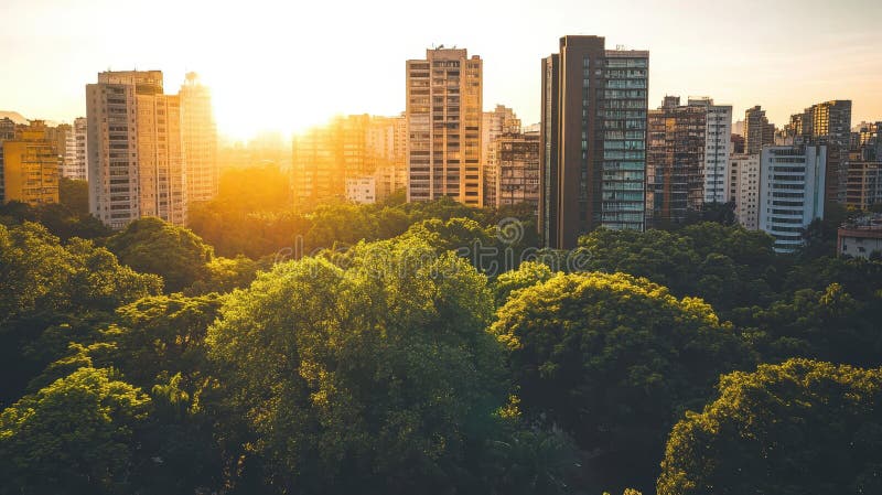 A Sunset View Over City Buildings and Lush Green Trees Stock ...