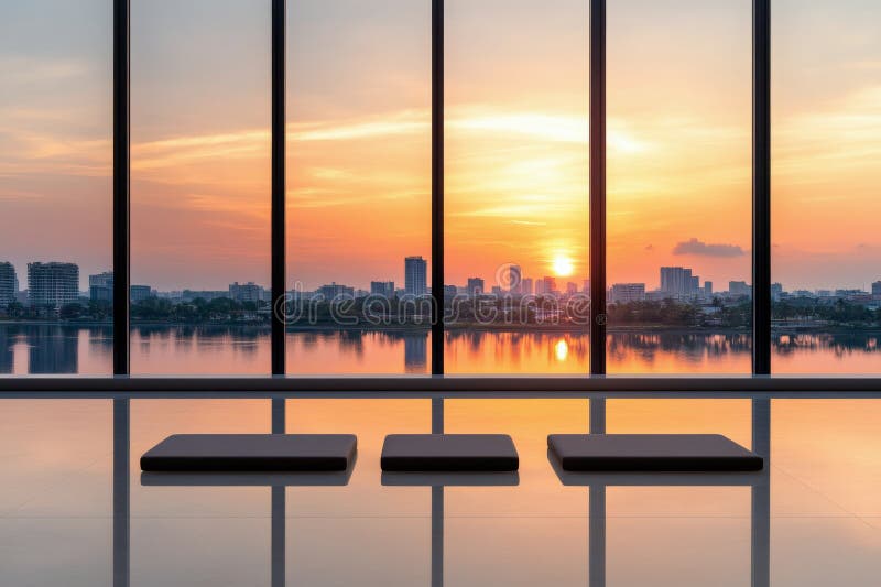 Sunset View Over City Skyline from Modern Building with Large Windows ...