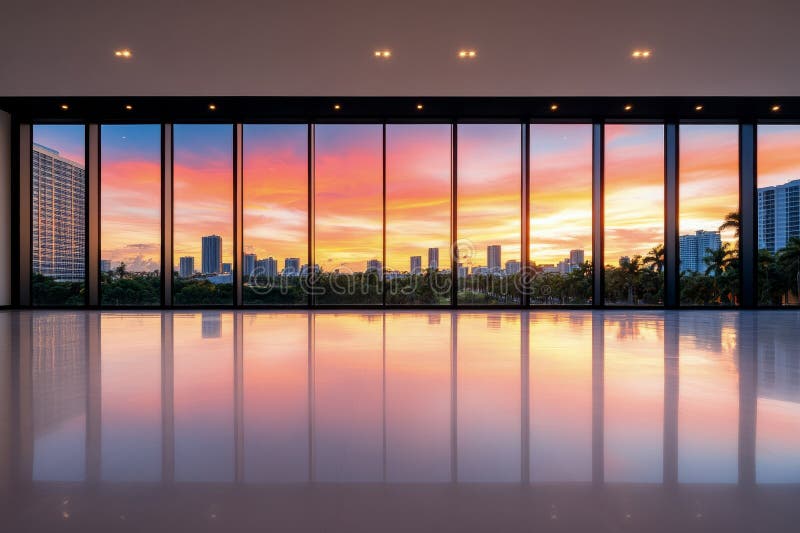 Sunset View Over City Skyline from Modern Building with Large Windows ...