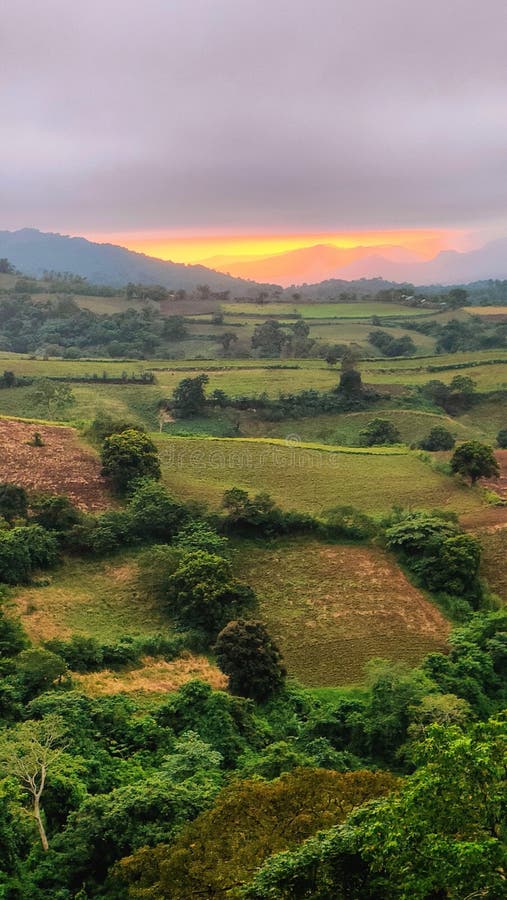 Sunset View Over Greenery Fields Stock Image - Image of sunset, fields ...