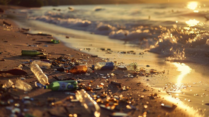 A Sunset View of a Polluted Beach Bottles, Glass, and Plastic Littering ...