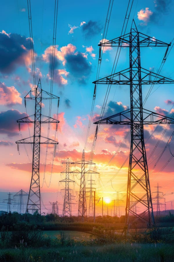 Sunset View with Power Lines in the Background Stock Photo - Image of ...