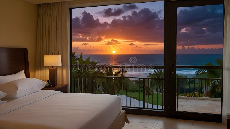 A Sunset View from a Resort Room with the Ocean in the Distance Stock ...