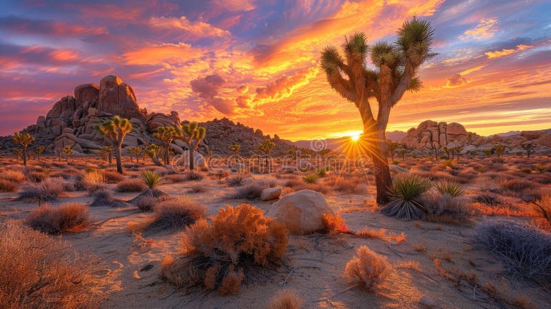 Sunset View in a Rocky Desert Landscape with Cacti Stock Illustration ...