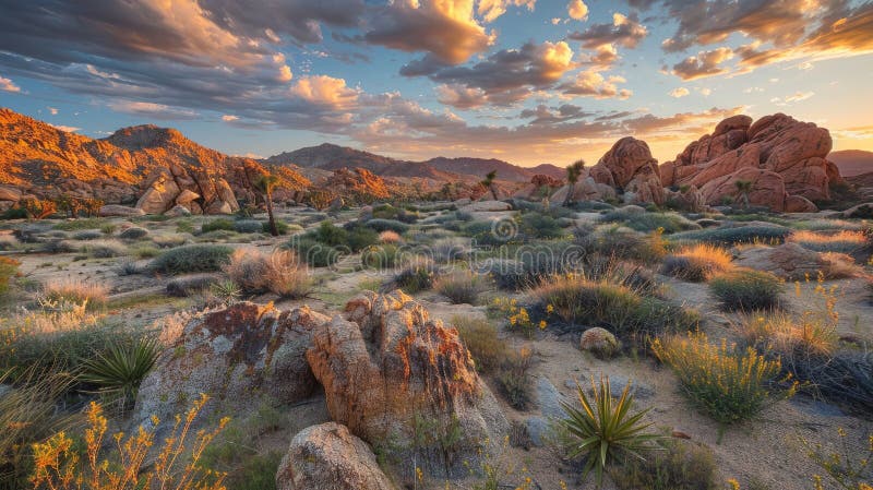 Sunset View in a Rocky Desert Landscape with Cacti Stock Illustration ...