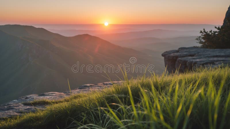 Sunset View from Rocky Ledge with Grass in Foreground Overlooking ...