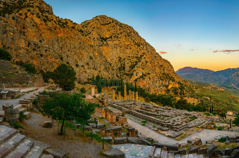 Sunset View of Ruins of Temple of Apollo at Ancient Delphi, Greece ...