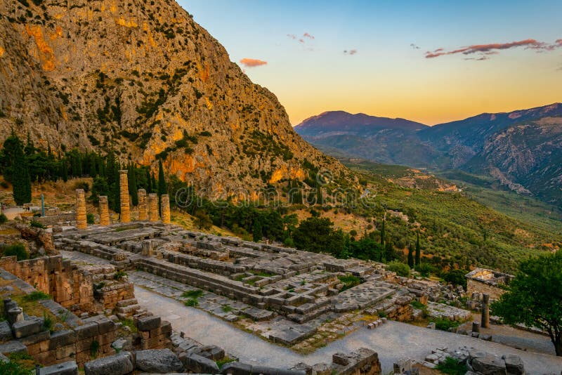 Sunset View of Ruins of Temple of Apollo at Ancient Delphi, Greece ...