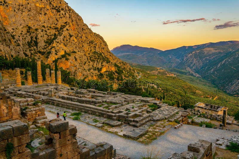 Sunset View of Ruins of Temple of Apollo at Ancient Delphi, Greece ...