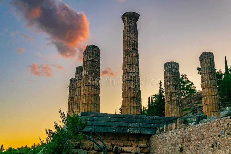 Sunset View of Ruins of Temple of Apollo at Ancient Delphi, Greece ...